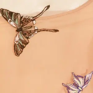 Blumarine Sheer Butterfly Embroidered Long Sleeve Top - Nude