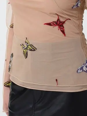 Blumarine Sheer Butterfly Embroidered Long Sleeve Top - Nude