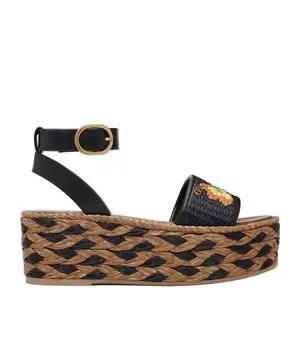 Valentino Garavani Polished Leather And Woven Faux Grass Platform Sandals - Black