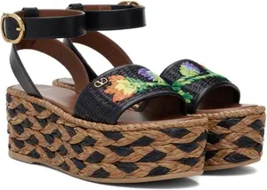 Valentino Garavani Polished Leather And Woven Faux Grass Platform Sandals