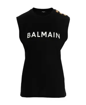 Balmain Sleeveless Logo T-shirt With Button Shoulder Detail - Black