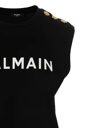 Balmain Sleeveless Logo T-shirt With Button Shoulder Detail - Black