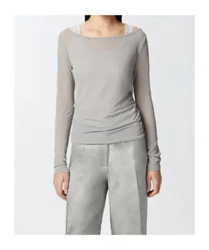 Pinko Boat-neck Long-sleeved Sheer T-shirt - Gray