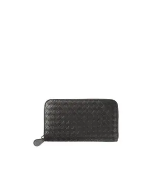 Bottega Veneta Intrecciato Weave Zip-around Wallet - Black