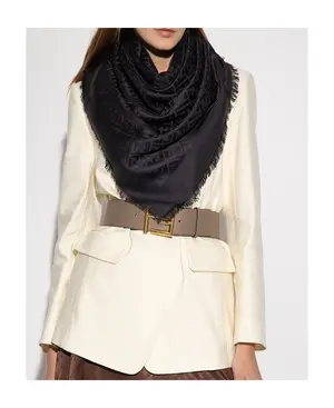 Fendi Ff Logo Printed Fringe Detailed Scarf - Black