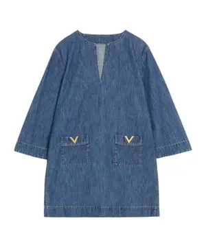Valentino Garavani Logo Plaque V-neck Denim Mini Dress - Blue
