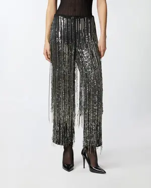 Pinko Sequin Embellished Fringed Wide-leg Trousers