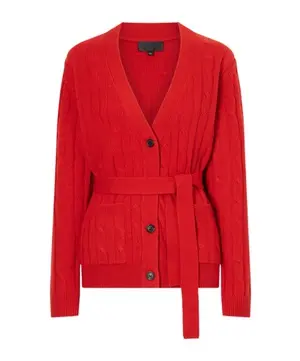 NILI LOTAN Tirza Belted Cable-knit Cashmere Cardigan - Red