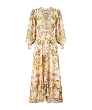 Camilla Floral Printed Long Button Front Dress - Nude
