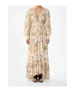 Camilla Floral Printed Long Button Front Dress - Nude