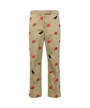 Thom Browne Mid-rise Tailored Twill Trousers With Embroidered Crow And Rose Motif