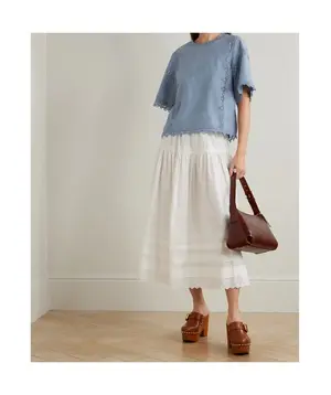 Ulla Johnson Embroidered Tulle-trimmed Cotton-chambray Blouse
