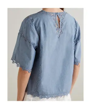 Ulla Johnson Embroidered Tulle-trimmed Cotton-chambray Blouse
