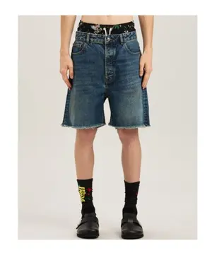 Palm Angels Logo Printed Frayed Hem Denim Shorts