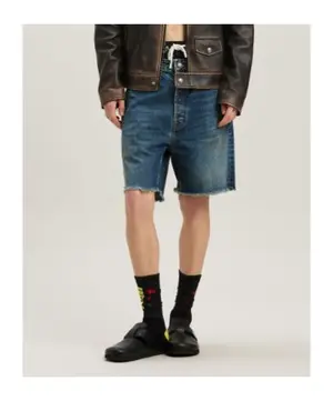 Palm Angels Logo Printed Frayed Hem Denim Shorts