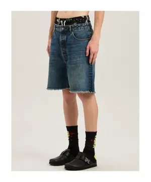 Palm Angels Logo Printed Frayed Hem Denim Shorts