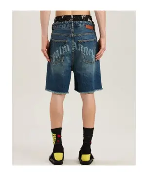 Palm Angels Logo Printed Frayed Hem Denim Shorts