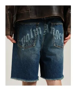 Palm Angels Logo Printed Frayed Hem Denim Shorts