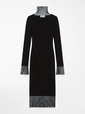 Sportmax Long Sleeve Wool Dress With Fringe Detail - Black