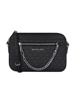 Michael Kors Monogram Zipper Shoulder Bag With Chain Detail - Black