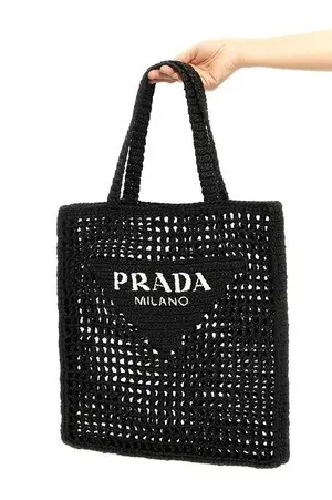 Prada Logo Woven Tote Bag - Black