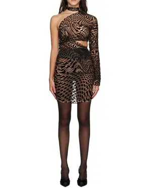 MUGLER Star Mesh Asymmetric Minidress - Black
