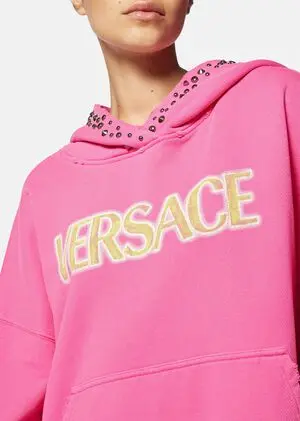 Versace Logo Printed Embellished Hoodie - Pink