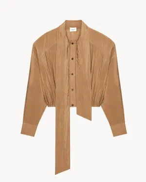 Saint Laurent Cropped Lavalliere Blouse With Fringed Collar - Caramel