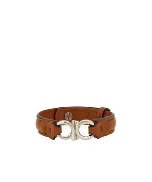 FERRAGAMO Double Gancini Leather Bracelet - Silver/leather