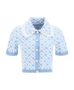 Alessandra Rich Jacquard Heart Motif Cropped Cardigan - Blue