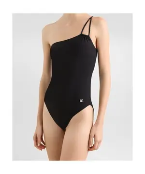 Dolce & Gabbana One-shoulder One-piece Swimsuit With Metal Logo - Black