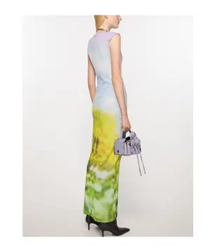 Acne Studios Sleeveless Maxi Dress With Fuzzy Landscape Print - Blue