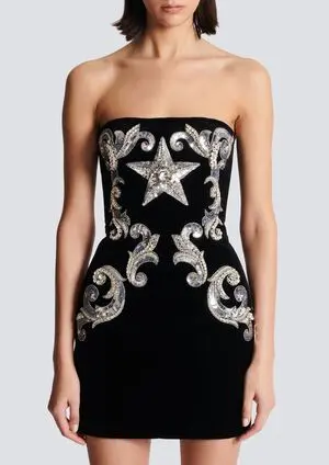 Balmain Paisley Embroidered Strapless Mini Dress