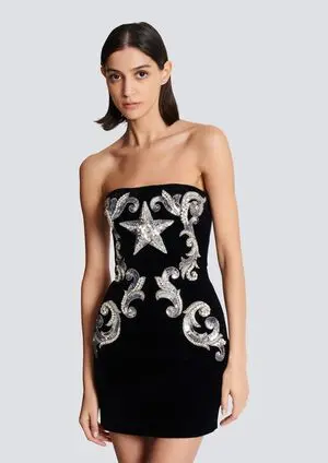 Balmain Paisley Embroidered Strapless Mini Dress