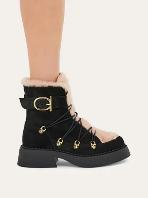 FERRAGAMO Suede Shearling Trekking Combat Boots