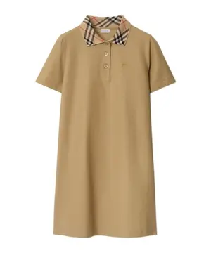 Burberry Logo Embroidered Checked Polo Dress - Flax