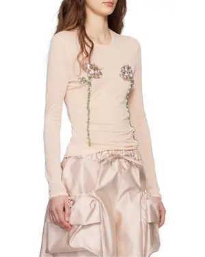 Simone Rocha Beige Embellished Mesh Top