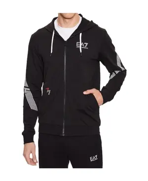 EA7 Hooded Zipper Hoodie With Striped Detail - Black