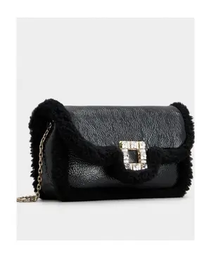 ROGER VIVIER Shearling & Strass Buckle Clutch Bag In Patent Leather - Black