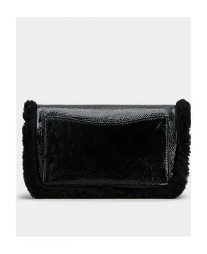 ROGER VIVIER Shearling & Strass Buckle Clutch Bag In Patent Leather - Black