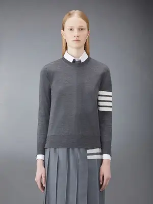 Thom Browne 4-bar Ribbed Crewneck Jumper With Striped Trim - Medium Gray