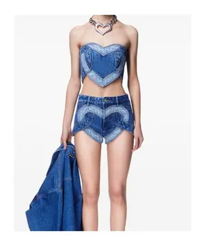 AREA Patchwork Heart Denim Bandeau Top