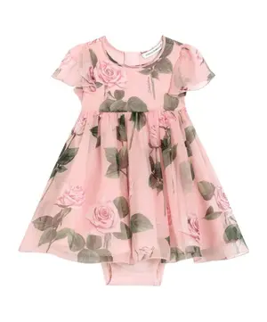 Dolce & Gabbana Rose Print Tulle Dress With Ruffles