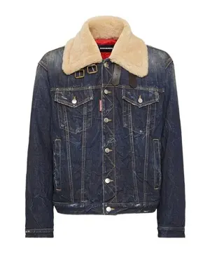 Dsquared2 Distressed Denim Jacket With Shearling Collar - Black