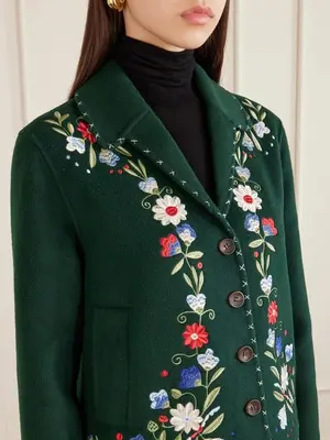 Rixo Jude Embroidered Wool Blend Felt Jacket - Green