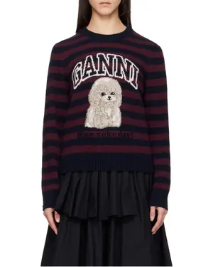 GANNI Logo Intarsia Striped Knitted Jumper - Black