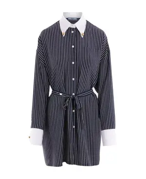 Prada Striped Belted Midi Shirt Dress