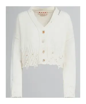 Marni Cropped Distressed Knitted Cardigan - White