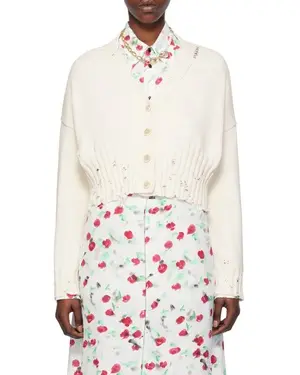 Marni Cropped Distressed Knitted Cardigan - White