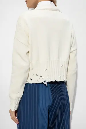 Marni Cropped Distressed Knitted Cardigan - White